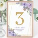 Purple Lilac Lavender Floral Gold Table Number Card EDITABLE TEMPLATE ...