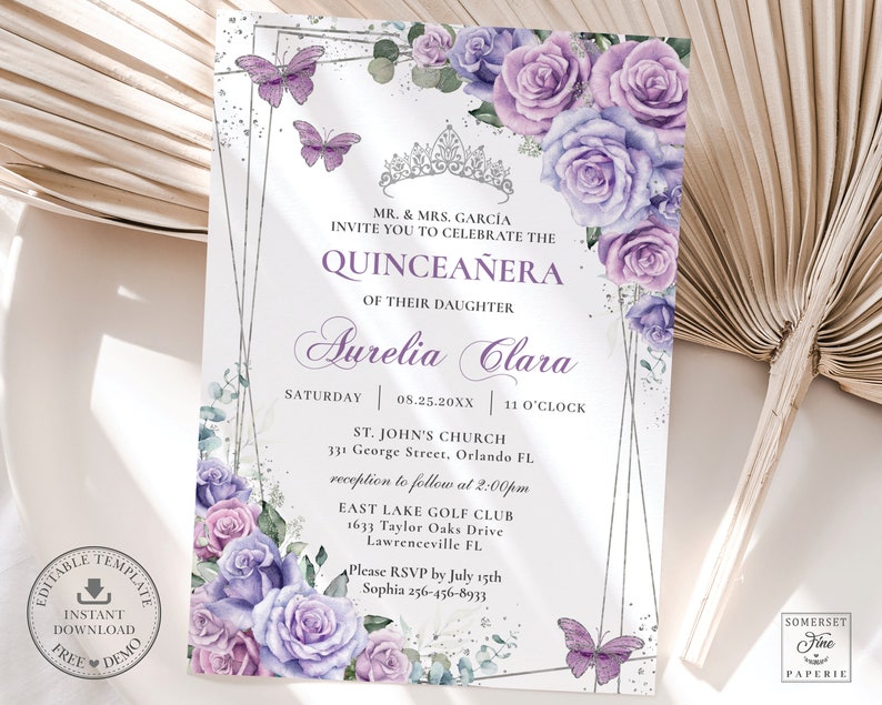 Lavender Lilac Purple Floral Silver Quinceañera Invitation - Etsy