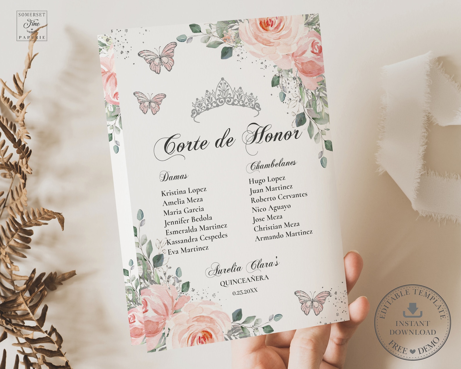 Blush Pink Floral Silver Butterflies Quinceañera Program Printable ...