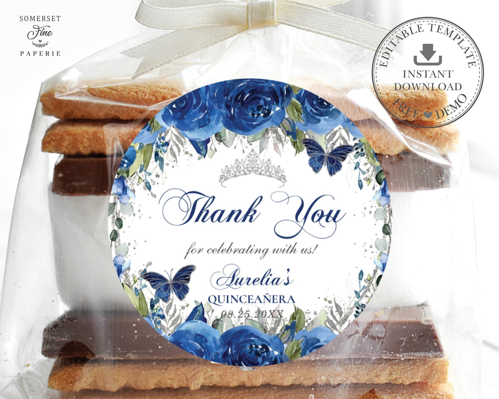 EDITABLE TEMPLATE 2" Circle Round Favor Label, Royal Blue Floral ...