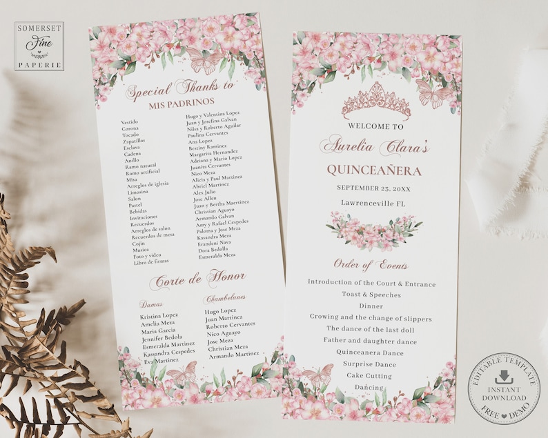 EDITABLE Slim Cherry Blossoms Rose Gold Quinceañera Program Quince ...
