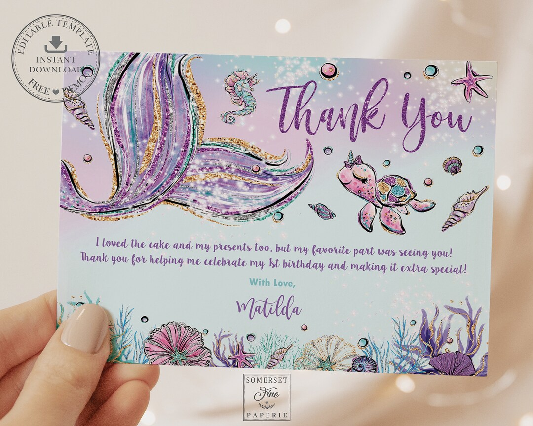EDITABLE TEMPLATE Mermaid Thank You Note Printable, 4.25"x5.5" Card ...