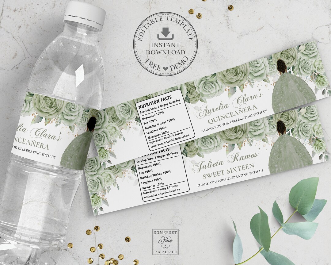 EDITABLE Sage Green Rose Floral Brown Princess Dress Gold Quinceañera ...