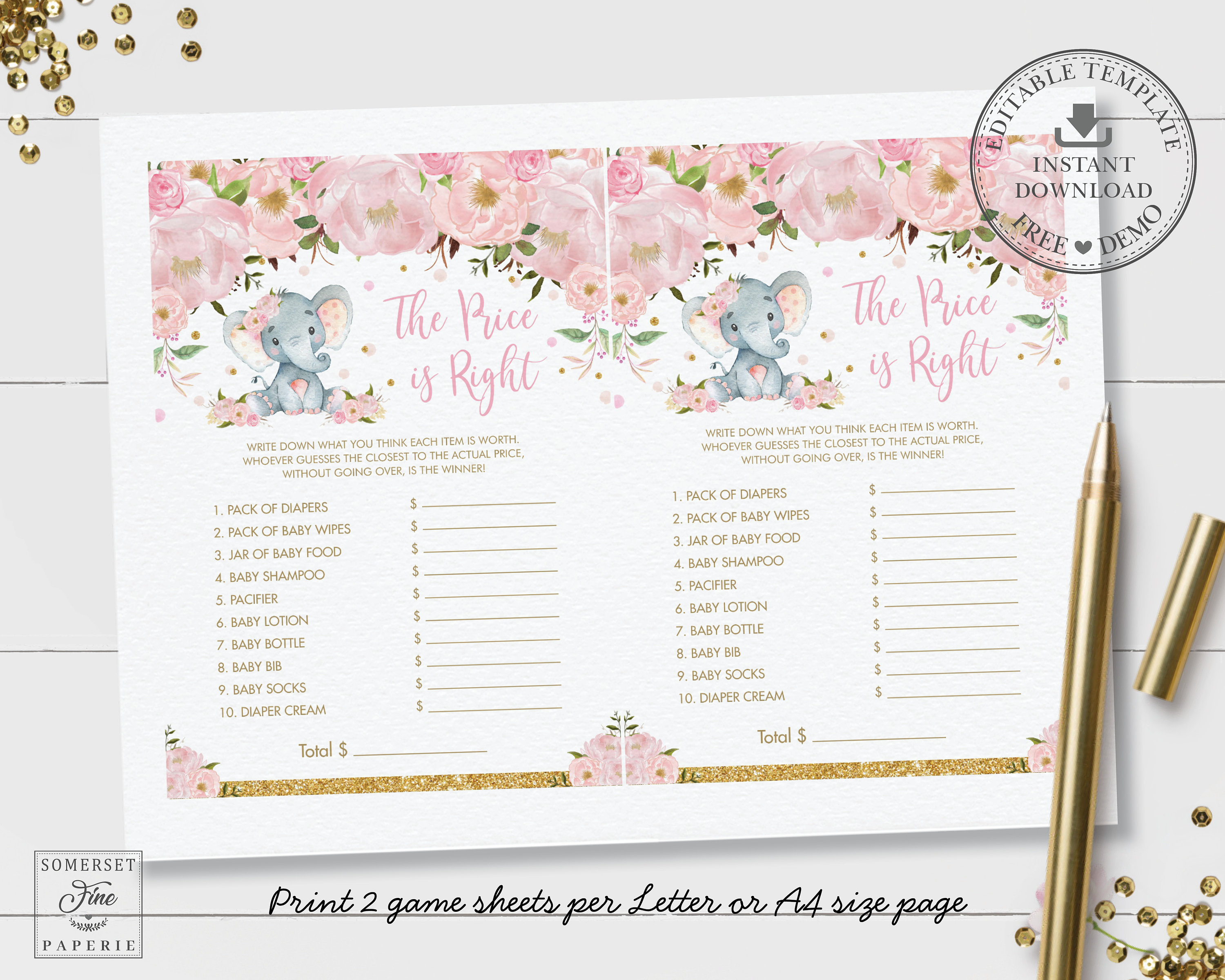 EDITABLE TEMPLATE, the Price is Right Game, Cute Pink Floral Baby ...