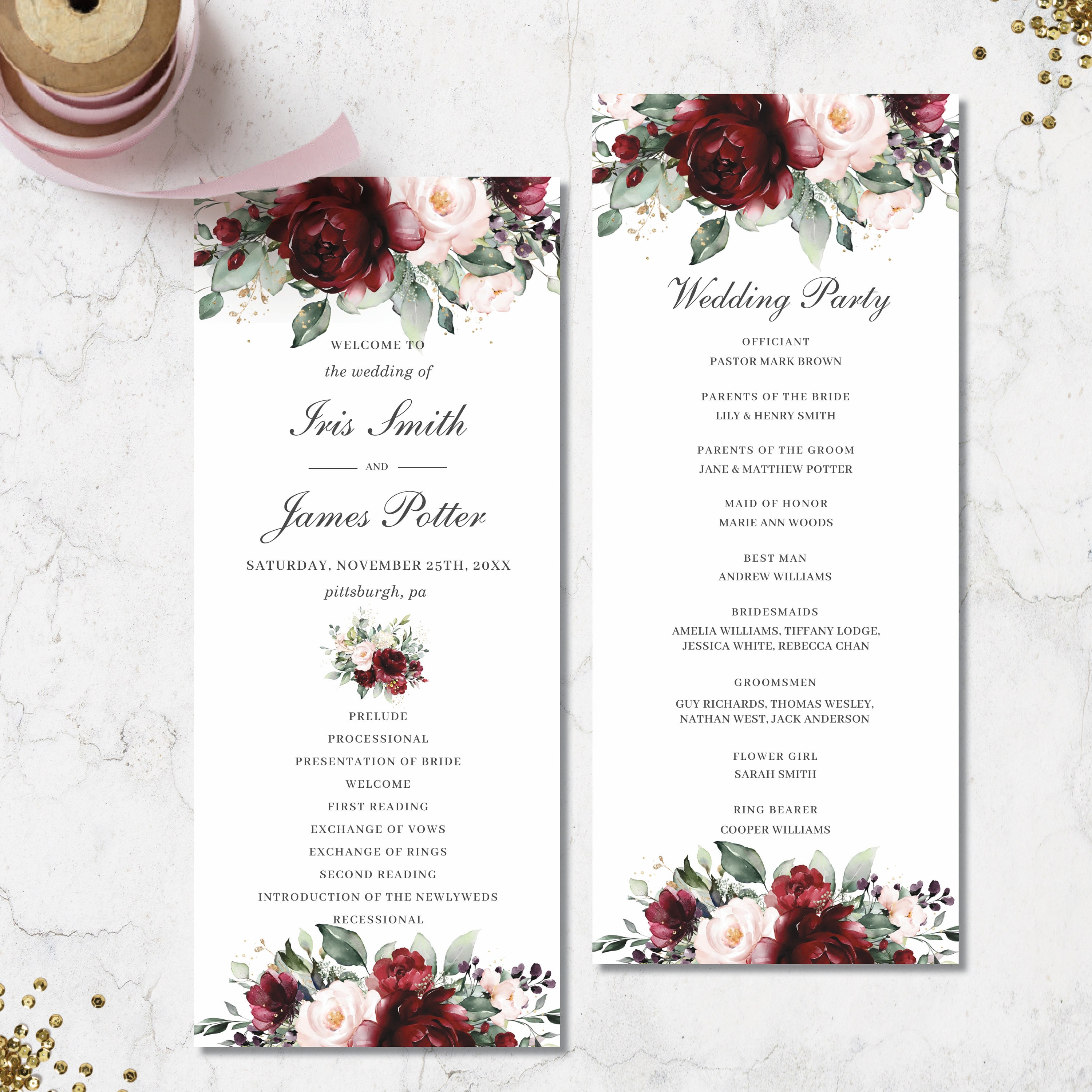 Slim Burgundy Blush Floral Wedding Program EDITABLE TEMPLATE | Etsy
