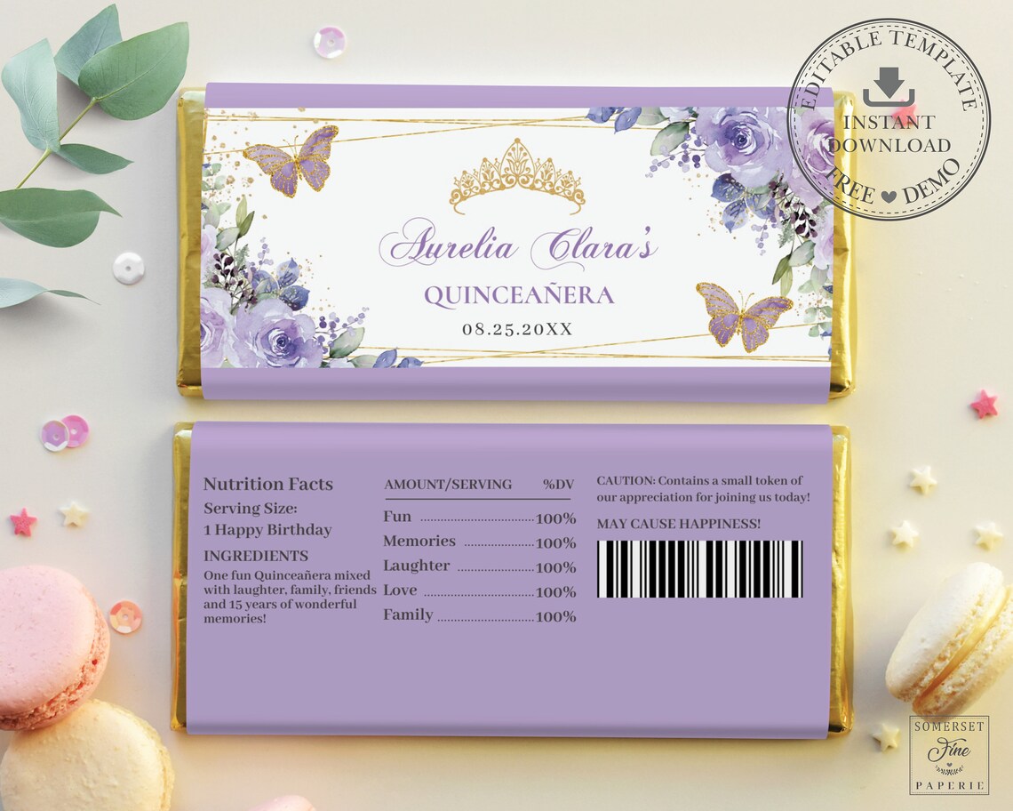 Purple Lilac Floral Butterflies Chocolate Bar Wrapper, EDITABLE ...