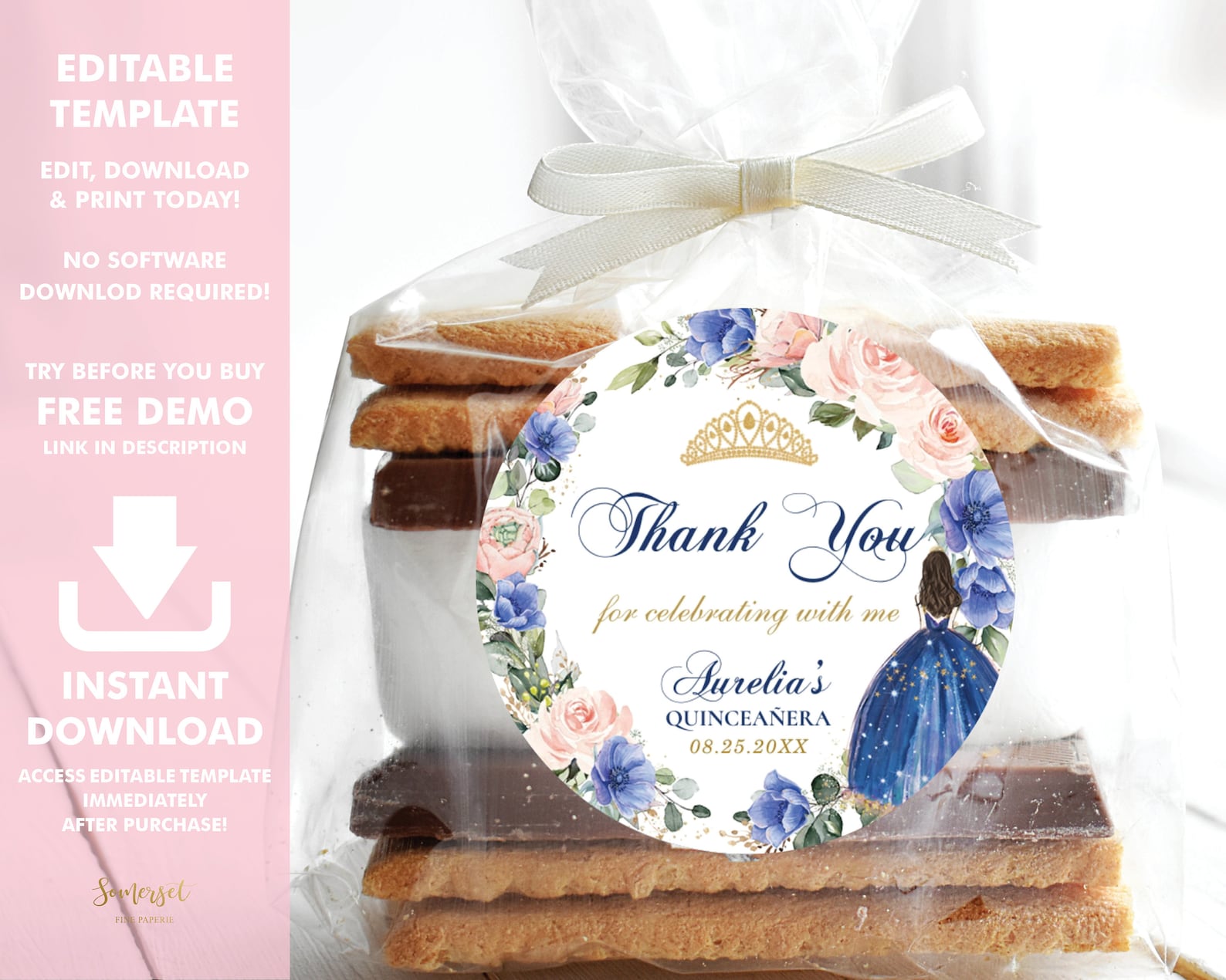 EDITABLE TEMPLATE 2 Circle Favor Label Royal Blue Blush - Etsy