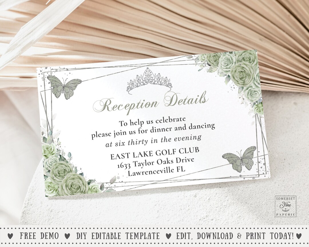 Sage Green Floral Silver Quinceañera Reception Details Enclosure Card ...