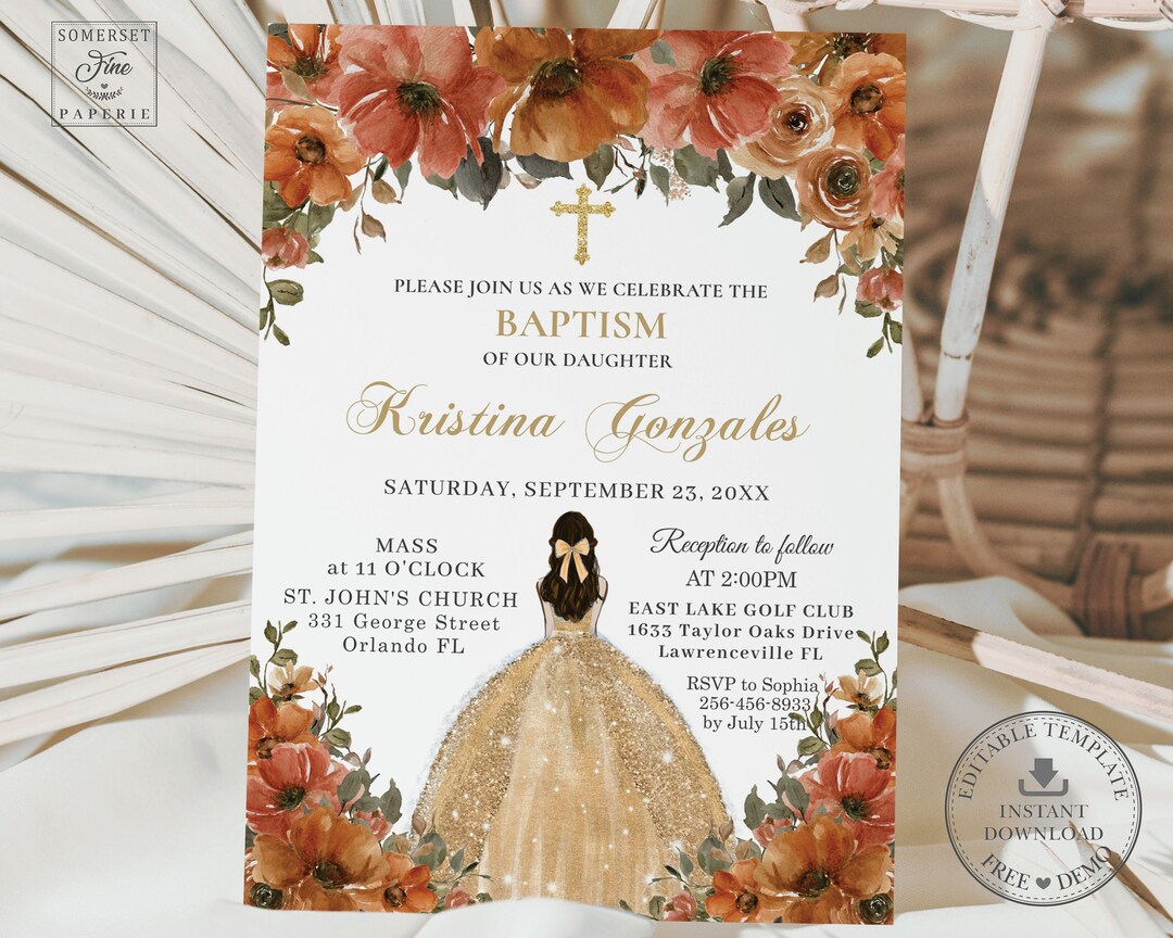 Rust Burnt Orange Fall Floral Baptism Christening Invitation Printable ...