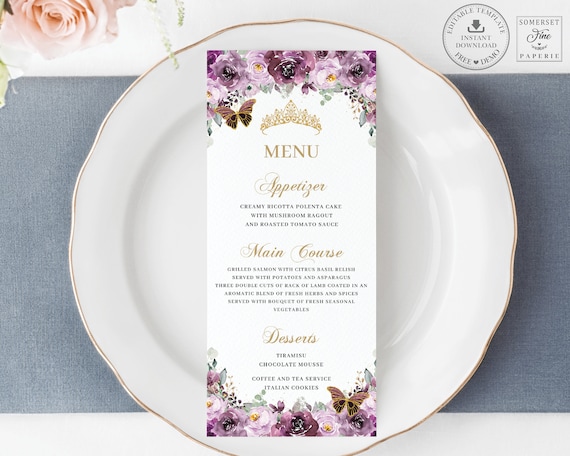 Mauve Plum Floral Quinceañera Menu EDITABLE TEMPLATE - Etsy Australia