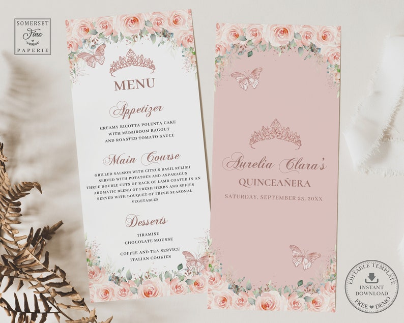 Blush Pink Floral Rose Gold Quinceañera Menu EDITABLE TEMPLATE ...