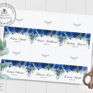 Royal Blue Floral Place Cards Printable EDITABLE TEMPLATE Tent Guest ...