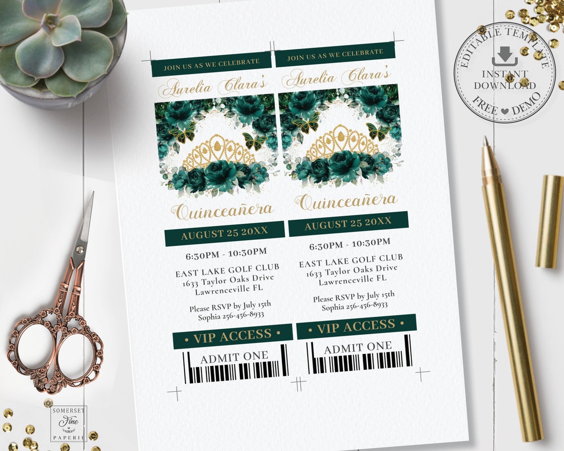 Emerald Green Floral Gold Princess Crown Tiara Quinceañera VIP Ticket ...