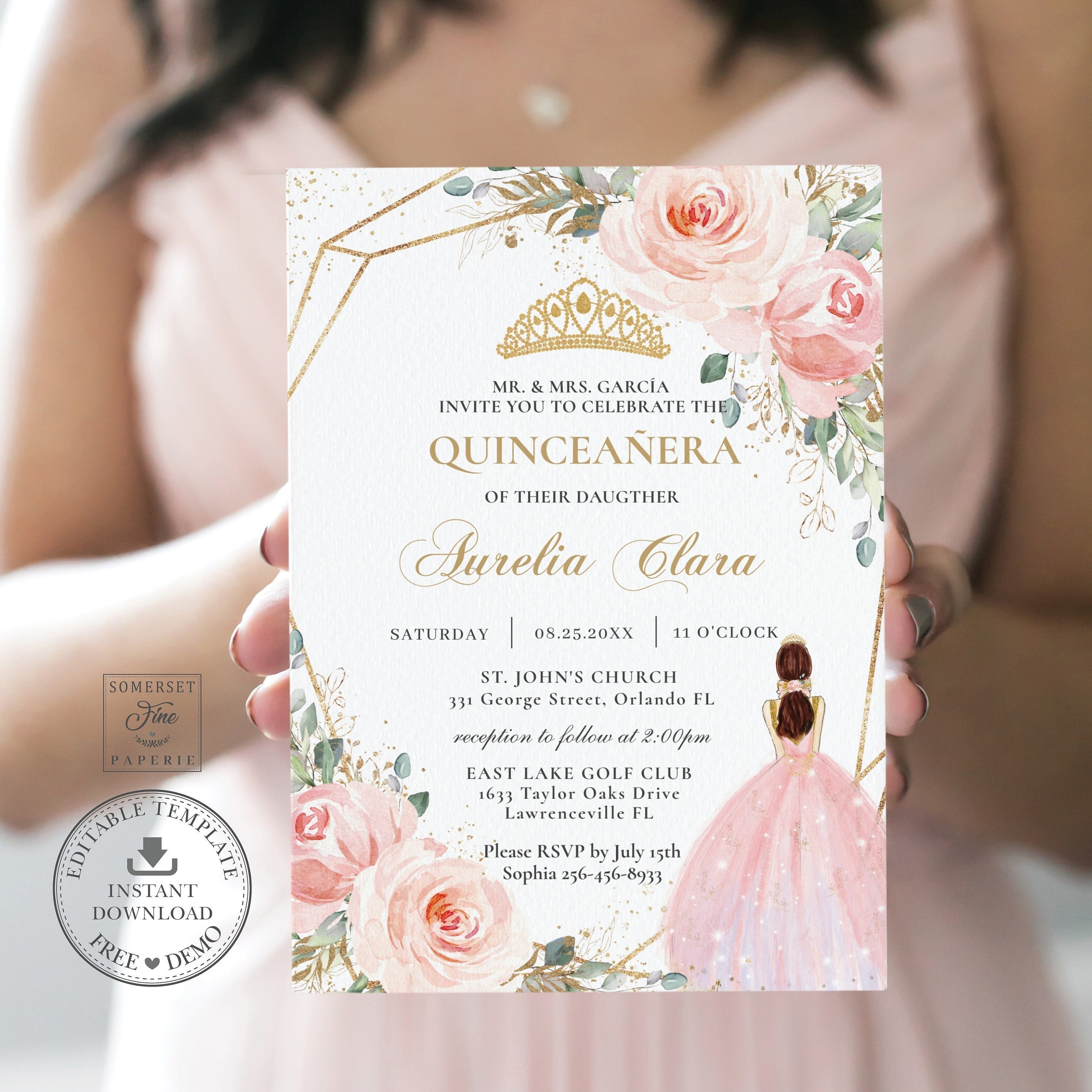 Chic Blush Pink Floral Quinceañera Invitation INSTANT - Etsy