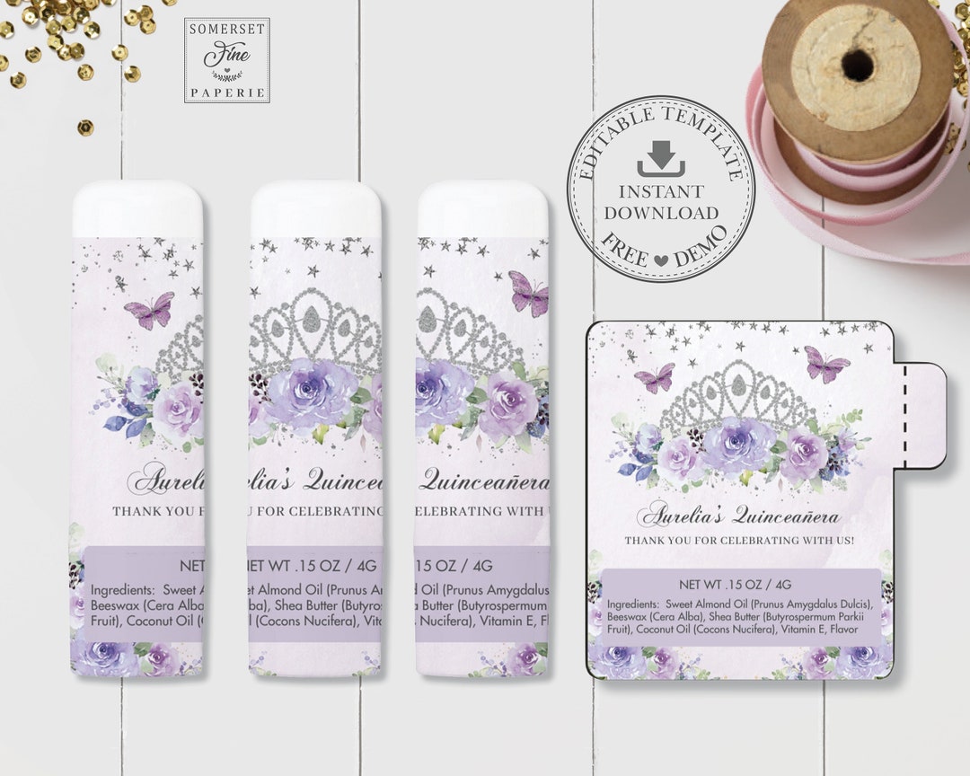 Purple Lilac Floral Silver Crown Lip Balm Labels Printable EDITABLE ...
