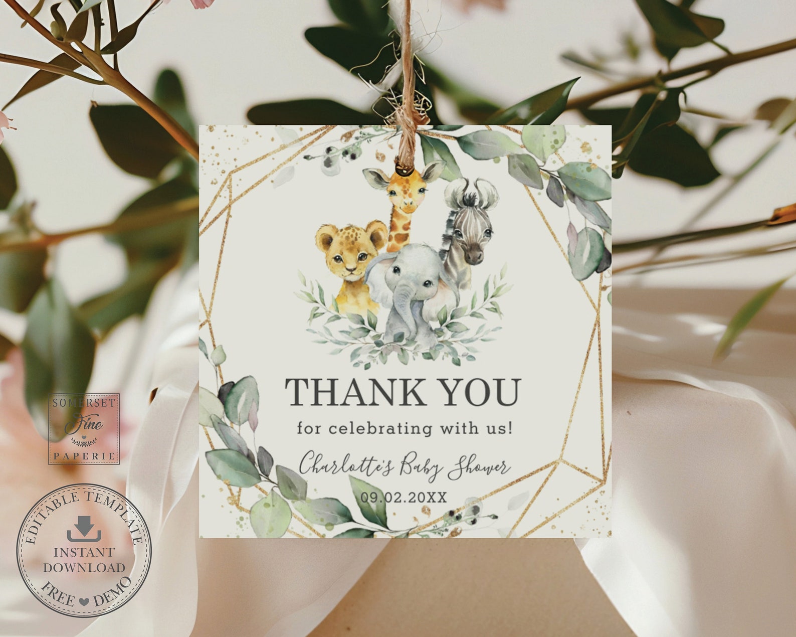 EDITABLE TEMPLATE Jungle Animals Greenery Favor Gift Tags Labels Gender ...