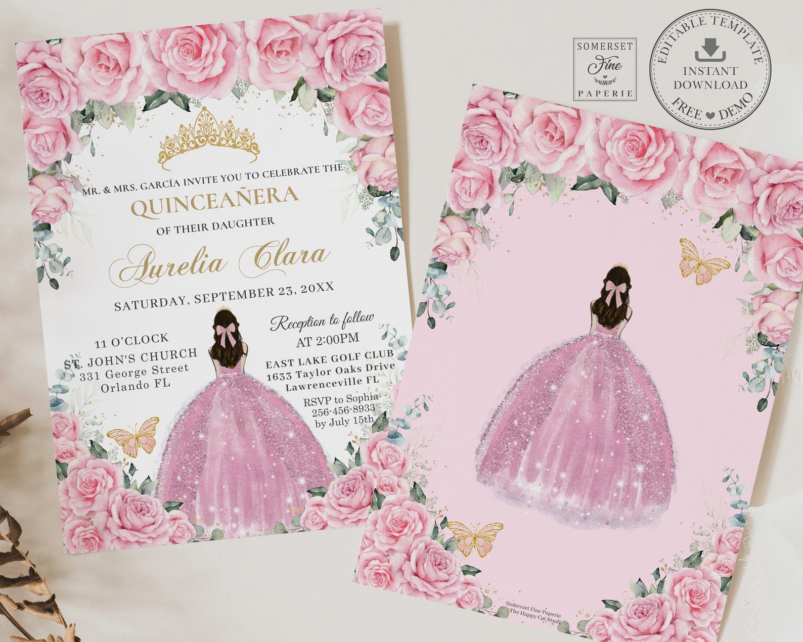 Pink Floral Gold Quinceañera Invitation Printable, EDITABLE TEMPLATE ...