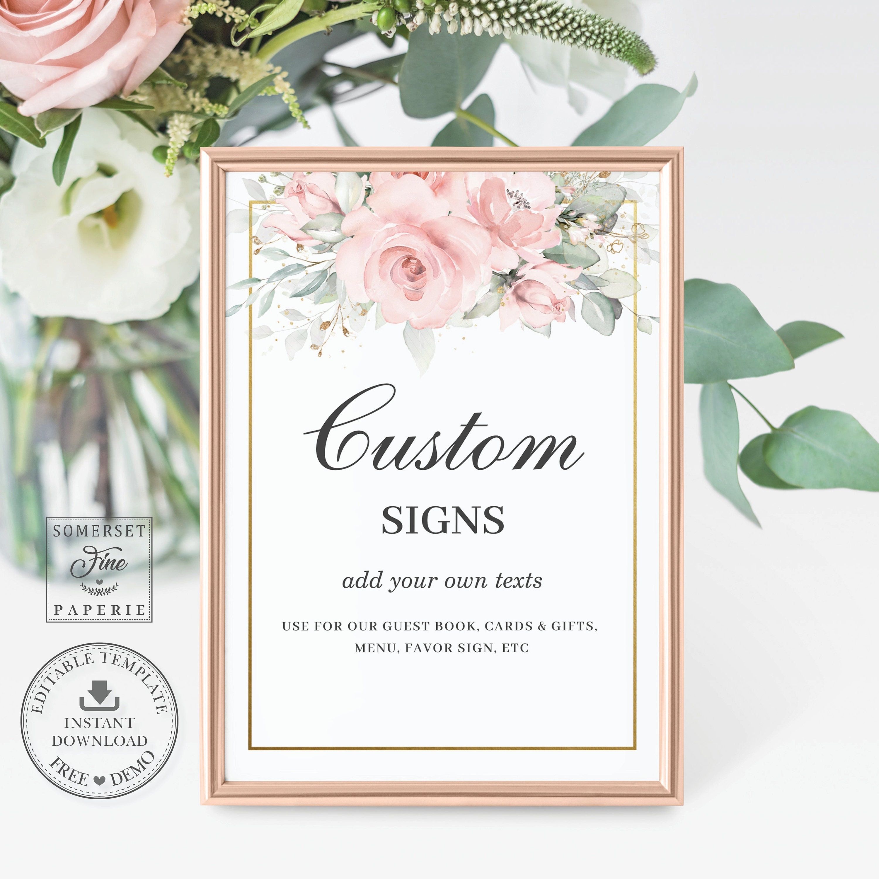 EDITABLE Blush Floral Sage Green Greenery Wedding Table Top Signs ...