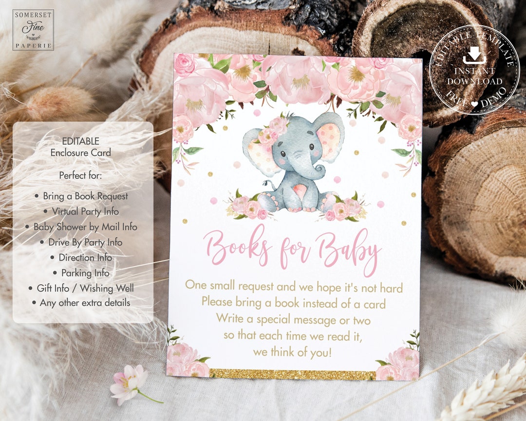 EDITABLE TEMPLATE Elephant Pink Floral Books for Baby, Bring a Book ...