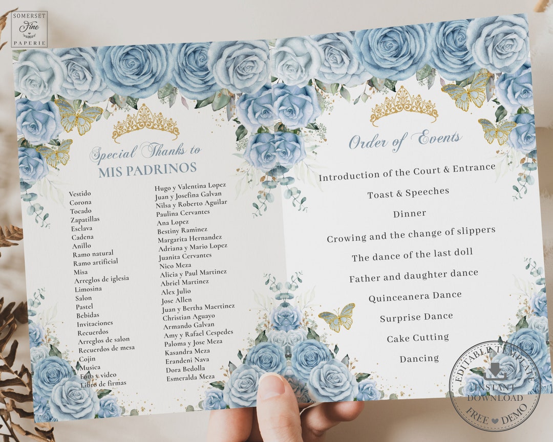Baby Blue Floral Gold Butterflies Quinceañera Program Printable ...