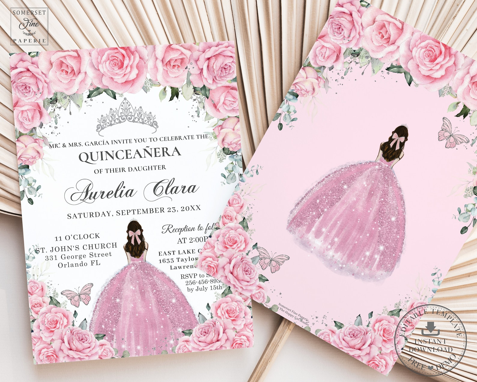 Pink Floral Silver Quinceañera Invitation Printable, EDITABLE TEMPLATE ...