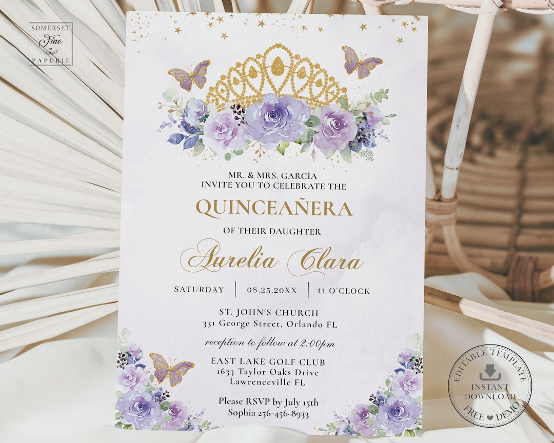 Purple Lilac Floral Quinceañera Invitation INSTANT DOWNLOAD, Gold Tiara ...