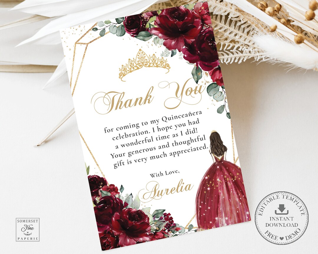 EDITABLE TEMPLATE Burgundy Red Floral Quinceañera Thank You Card Mis ...