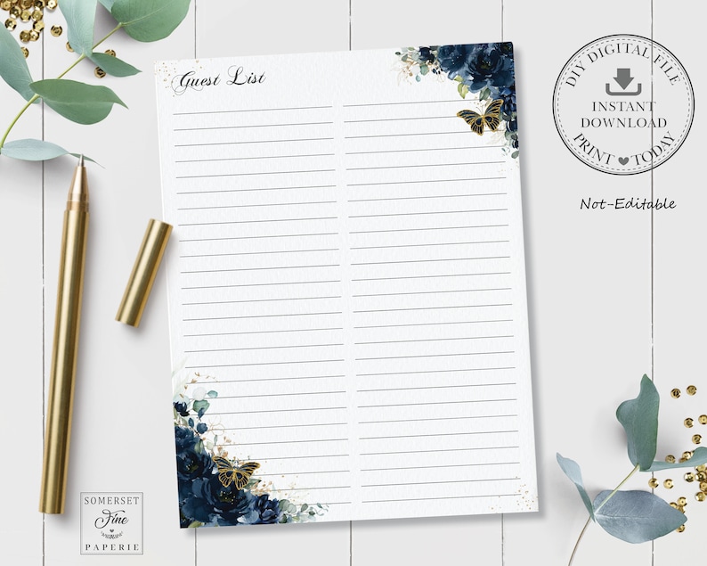 Navy Blue Floral Gold Butterflies Quinceañera Guestbook Sign EDITABLE ...