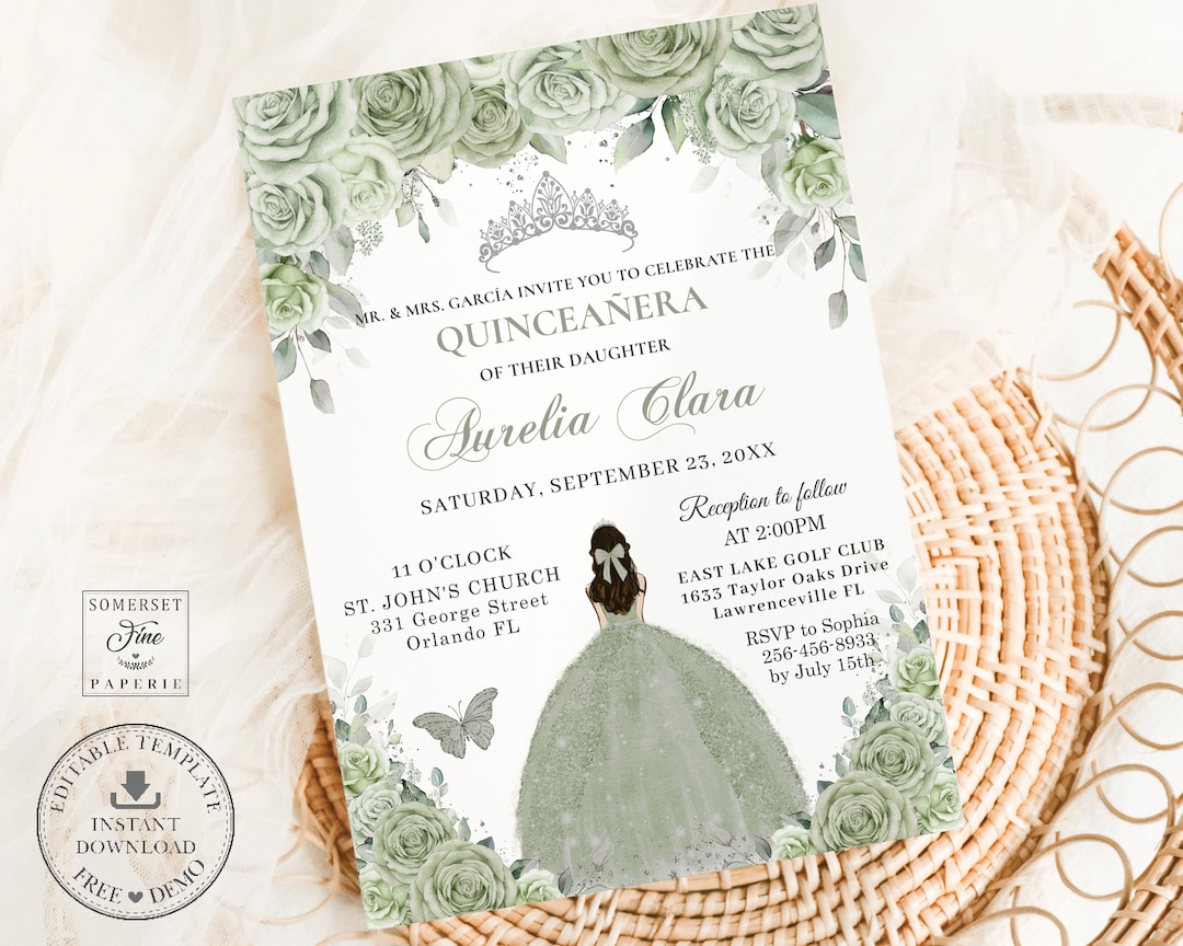 EDITABLE Sage Green Floral Silver Quinceañera Invitation Mis Quince 15 ...