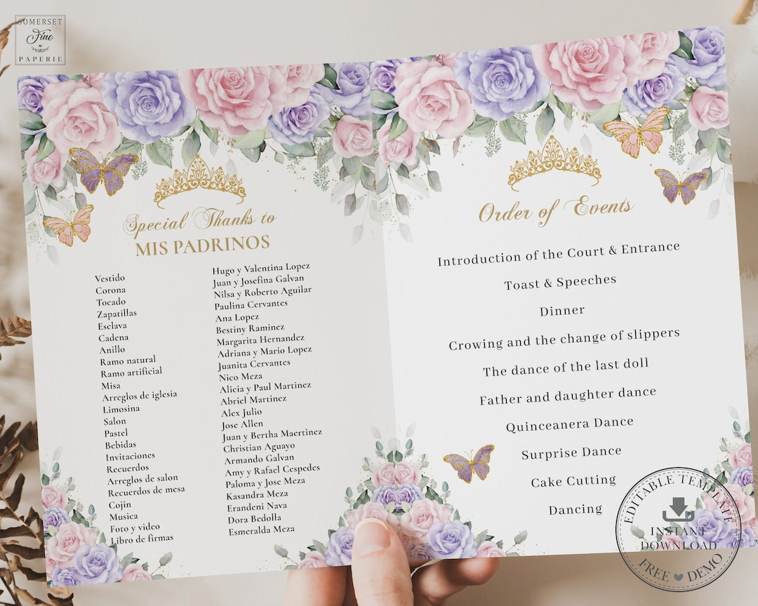 Lavender Purple Pink Floral Butterflies Quinceañera Program Printable ...