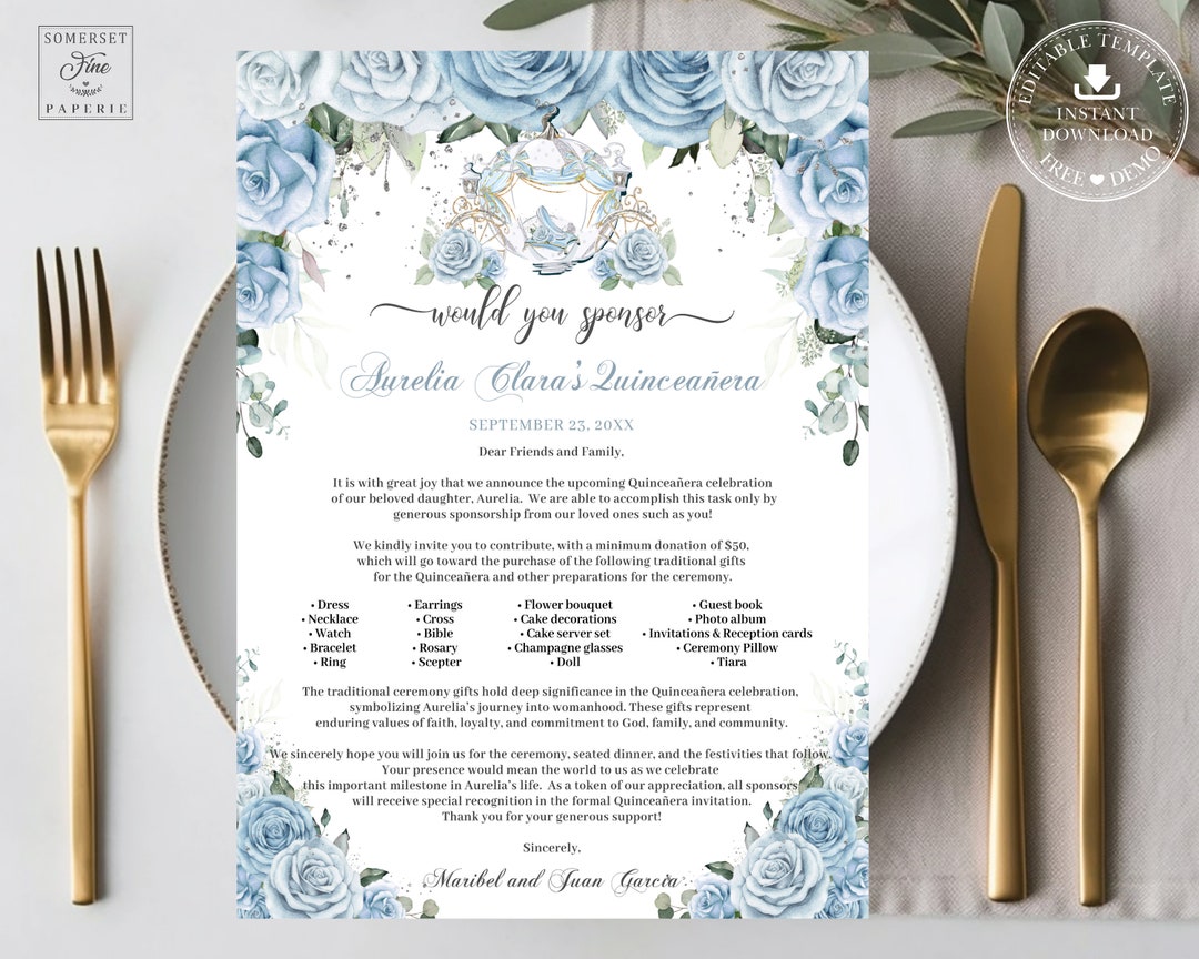EDITABLE Baby Blue Floral Cinderella Quinceañera Sponsor Letter Quince ...