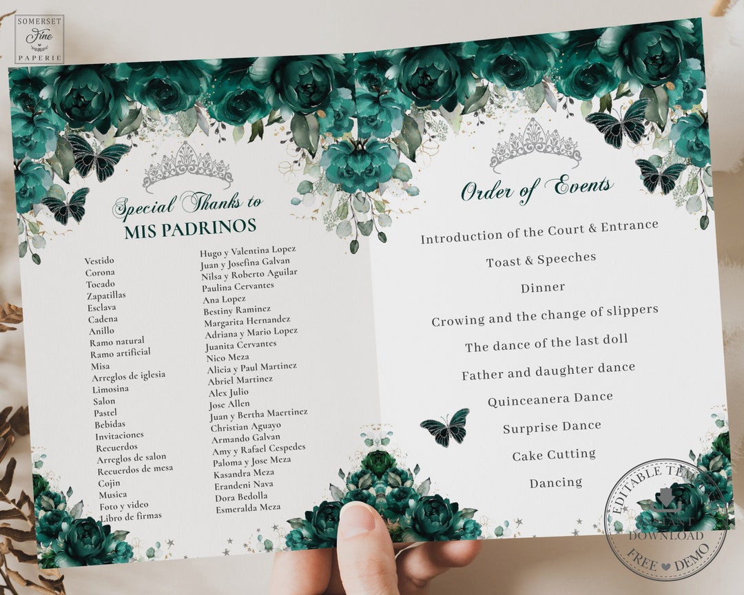 Emerald Green Floral Silver Princess Quinceañera Program Printable ...