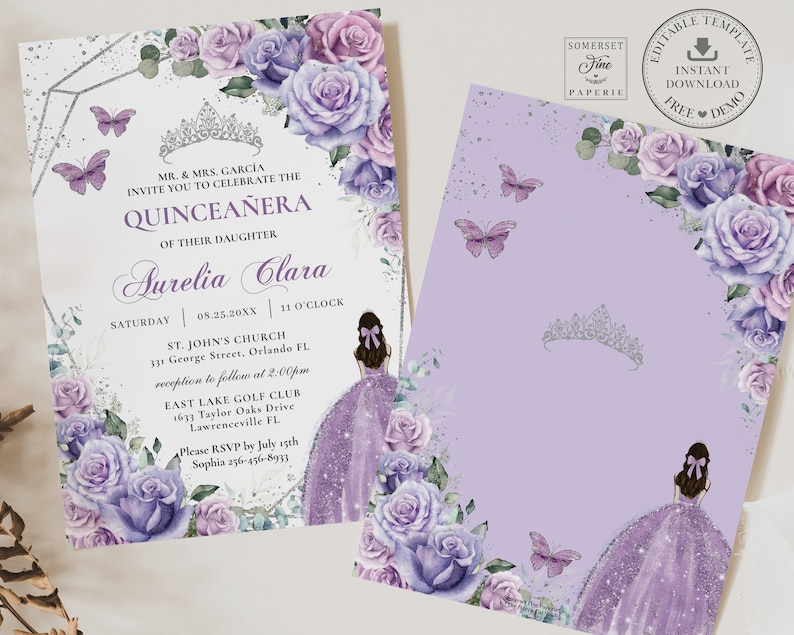 Lavender Lilac Purple Floral Silver Quinceañera Invitation - Etsy