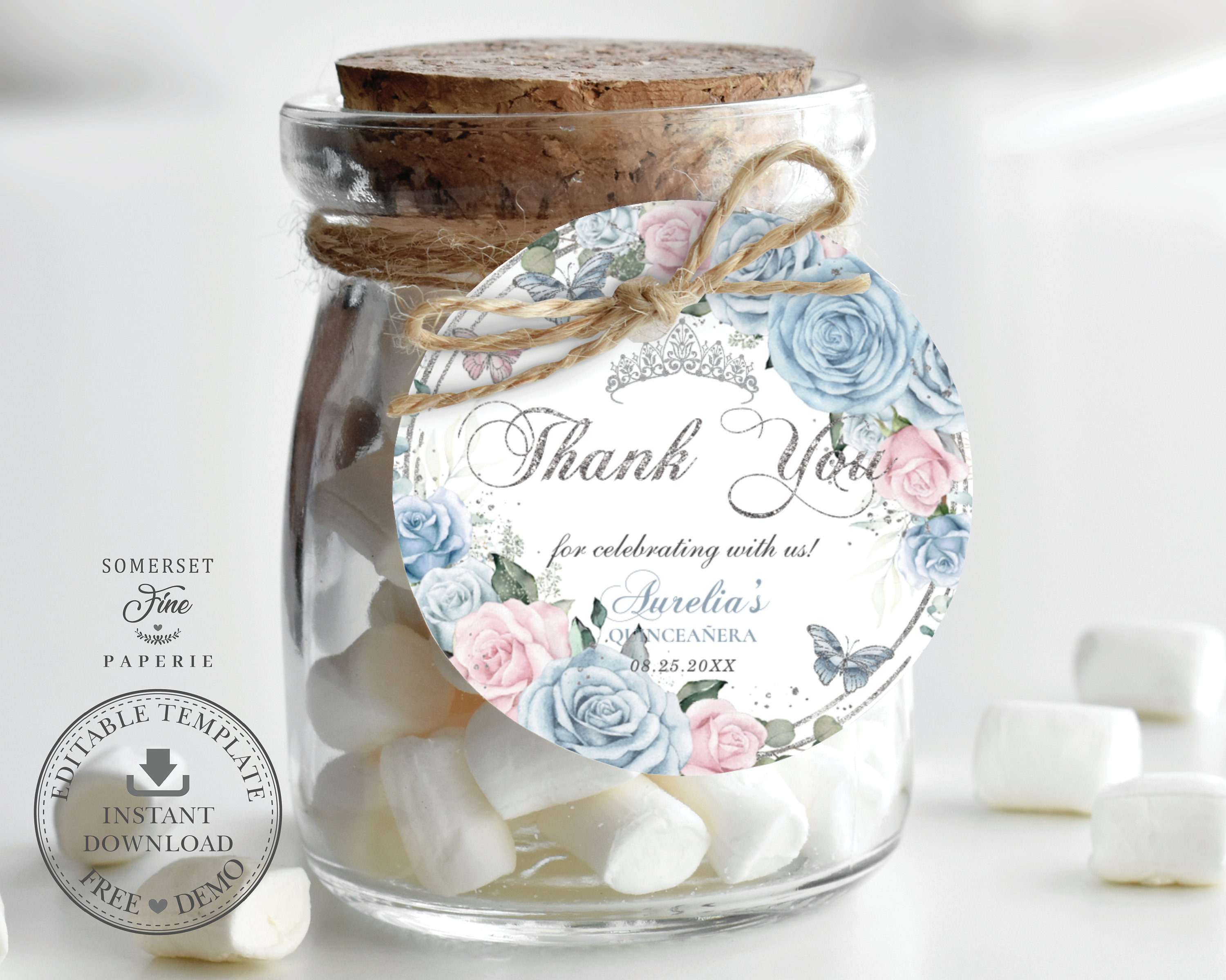 EDITABLE TEMPLATE 2" Circle Favor Label, Baby Blue Pale Pink Floral ...