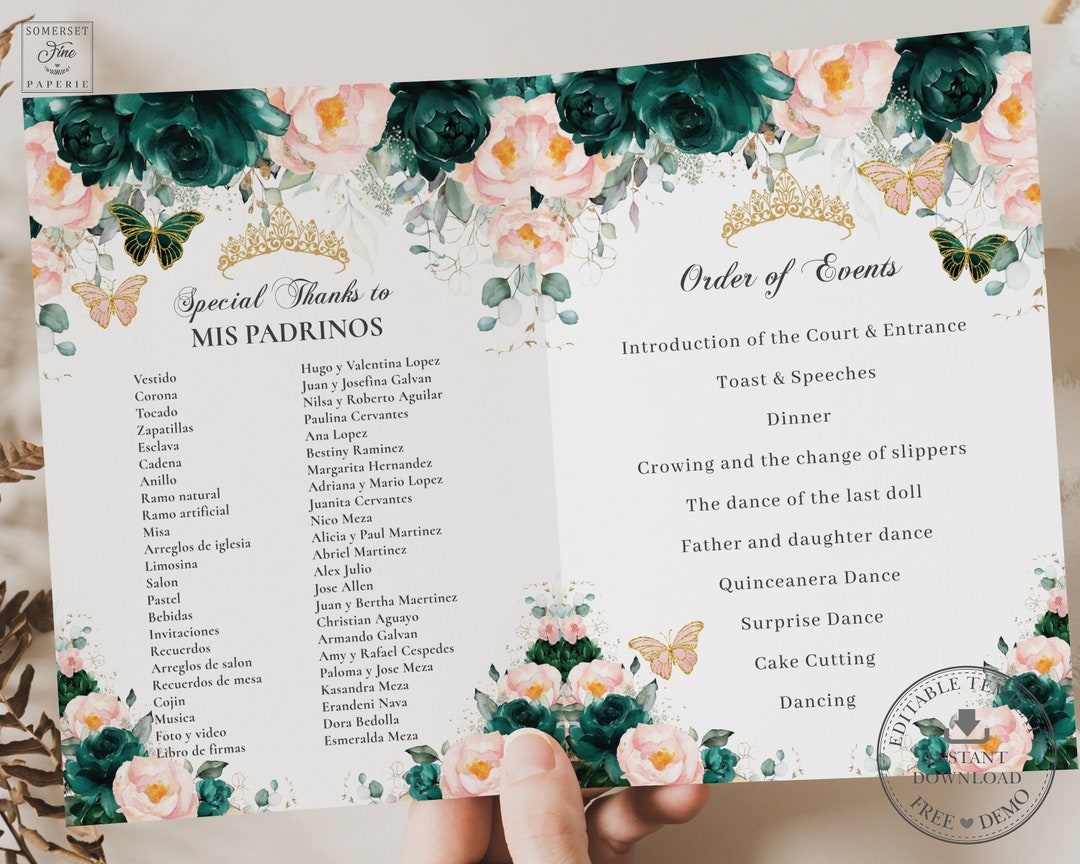 Emerald Blush Floral Butterflies Gold Quinceañera Program Printable ...