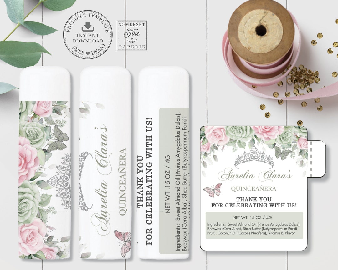 Sage Green Pink Floral Silver Crown Lip Balm Labels Printable EDITABLE ...