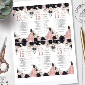 Prayer Card Rosary Favor Black Pink Floral Rose Gold Gown EDITABLE ...