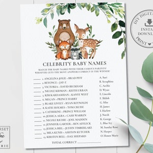 Woodland Celebrity Baby Names Game, INSTANT DOWNLOAD, Rustic Greenery ...