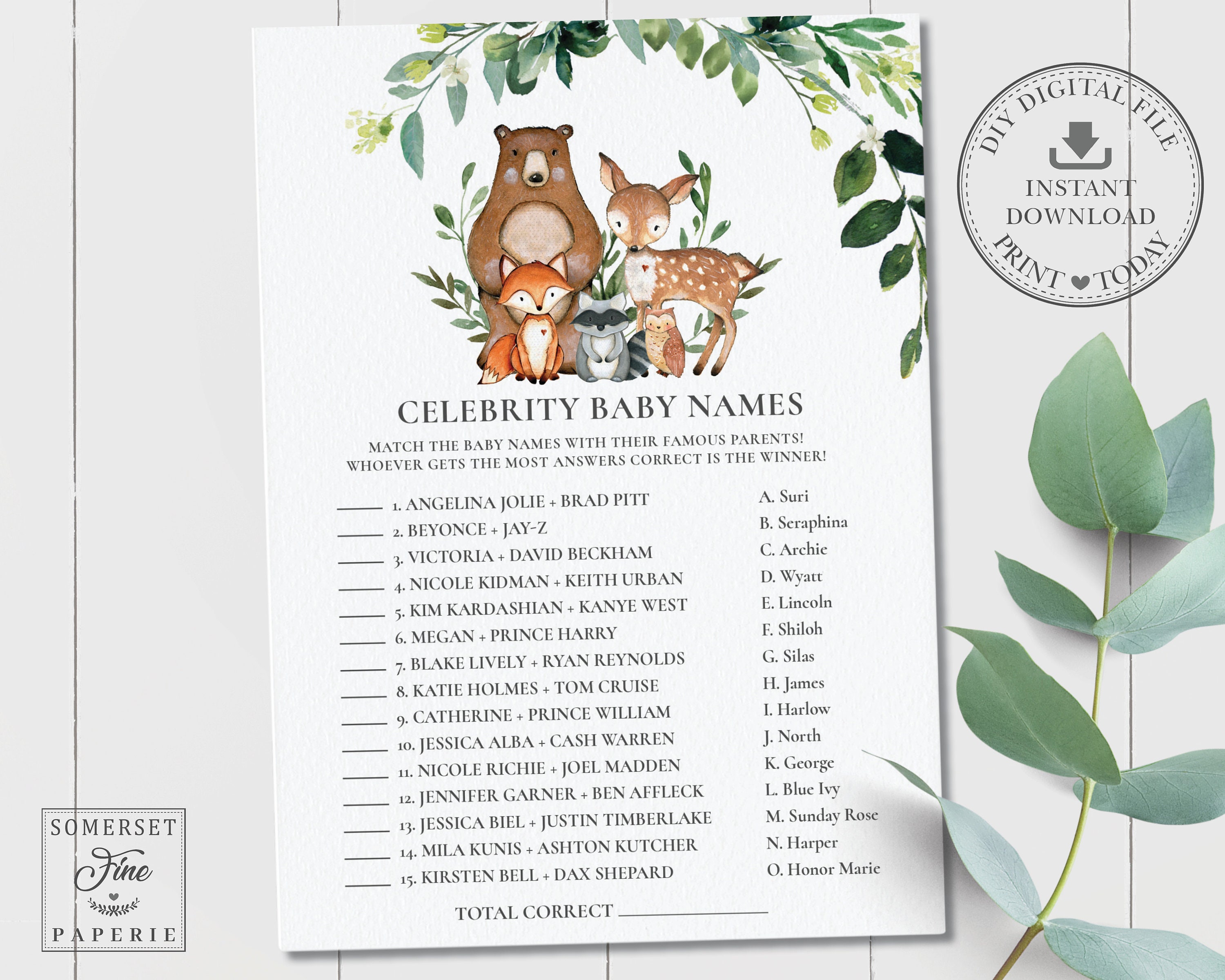 Woodland Celebrity Baby Names Game, INSTANT DOWNLOAD, Rustic Greenery ...