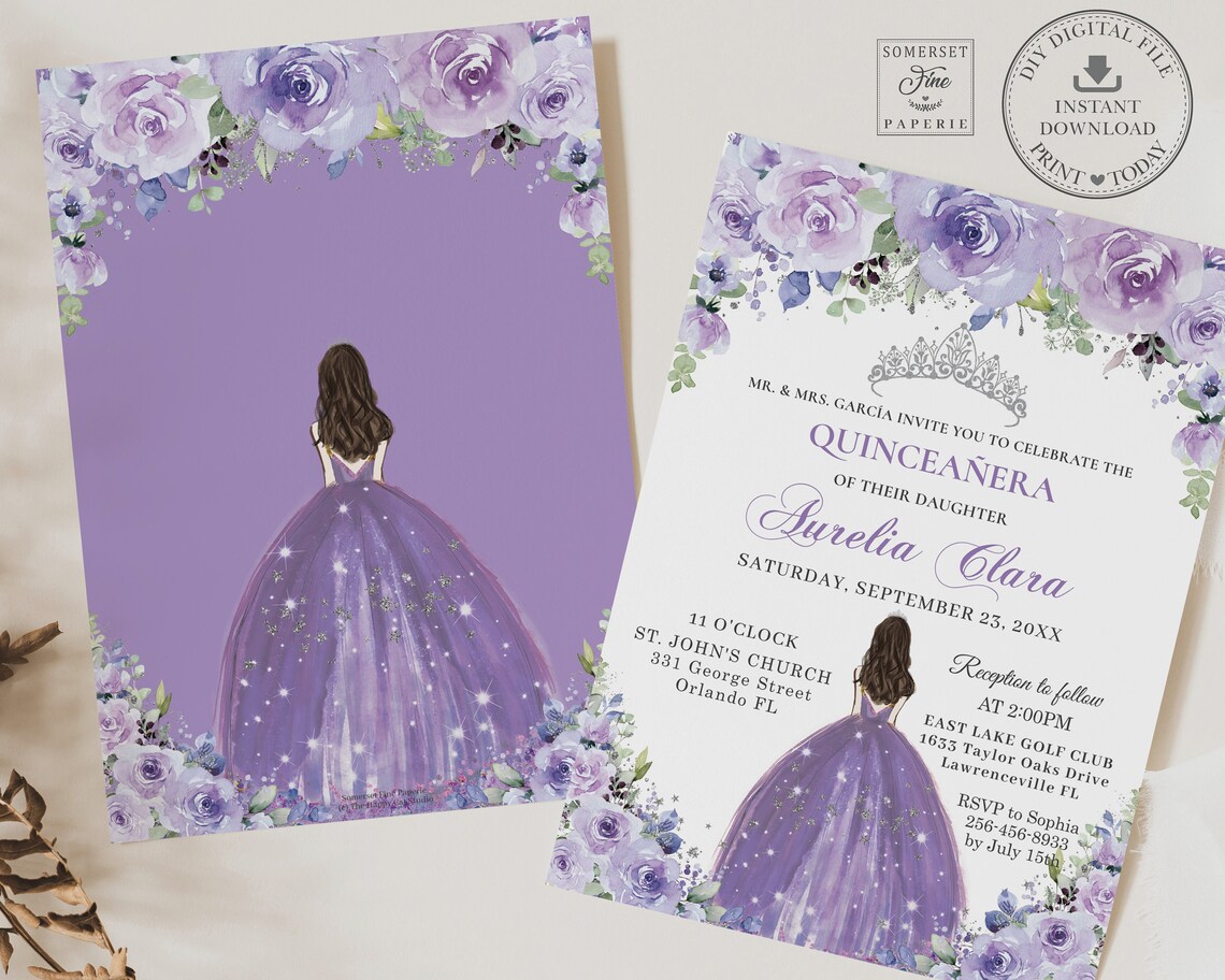 Lilac Purple Floral Quinceañera Invitation Printable EDITABLE - Etsy