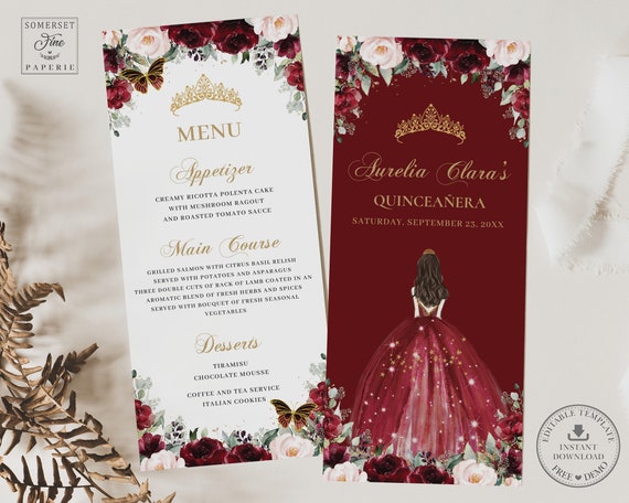 Burgundy Blush Floral Quinceañera Menu EDITABLE TEMPLATE - Etsy