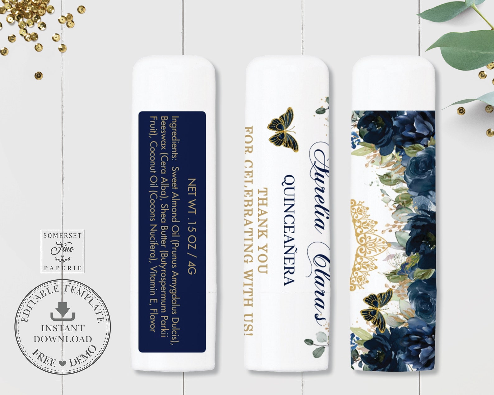 Navy Blue Floral Gold Crown Lip Balm Labels Printable EDITABLE TEMPLATE ...
