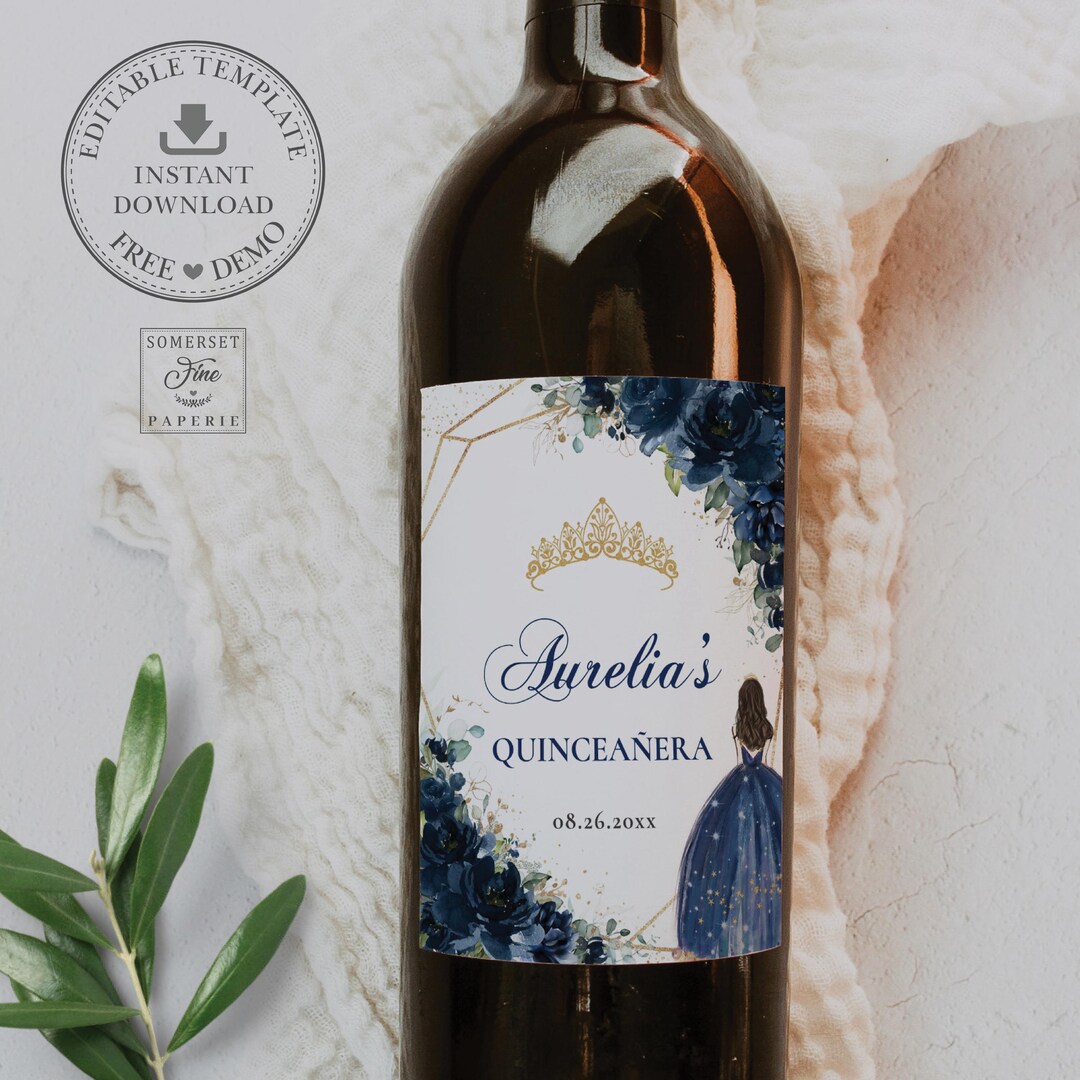 EDITABLE TEMPLATE Wine Bottle Labels, Navy Blue Floral Princess Gold ...