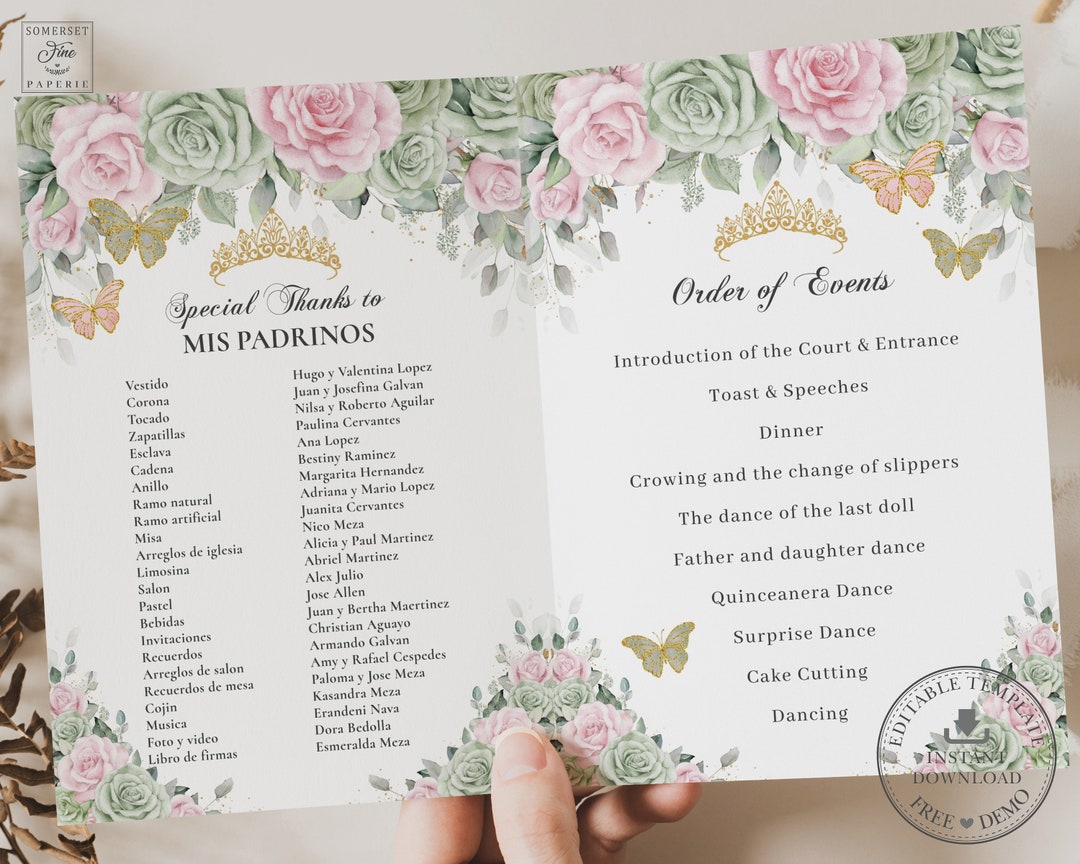 Sage Green Pink Floral Gold Butterflies Quinceañera Program Printable ...