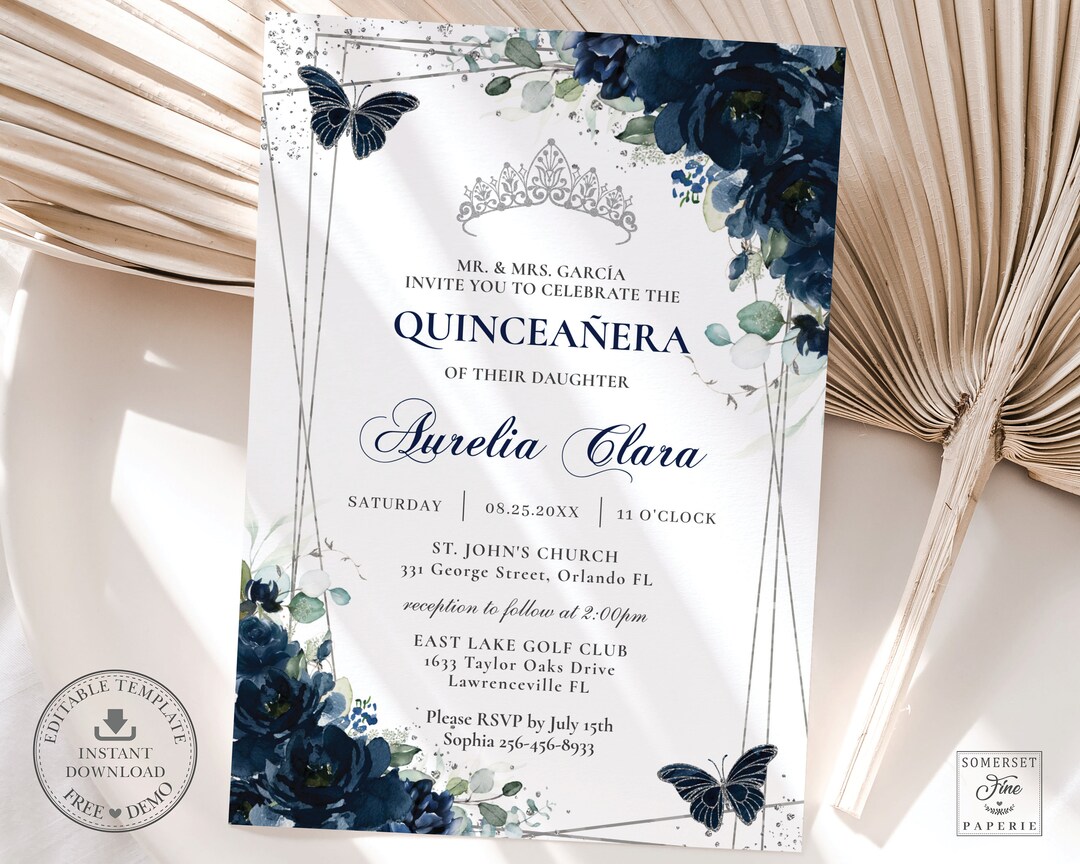 Navy Blue Floral Butterflies Silver Quinceañera Invitation INSTANT ...