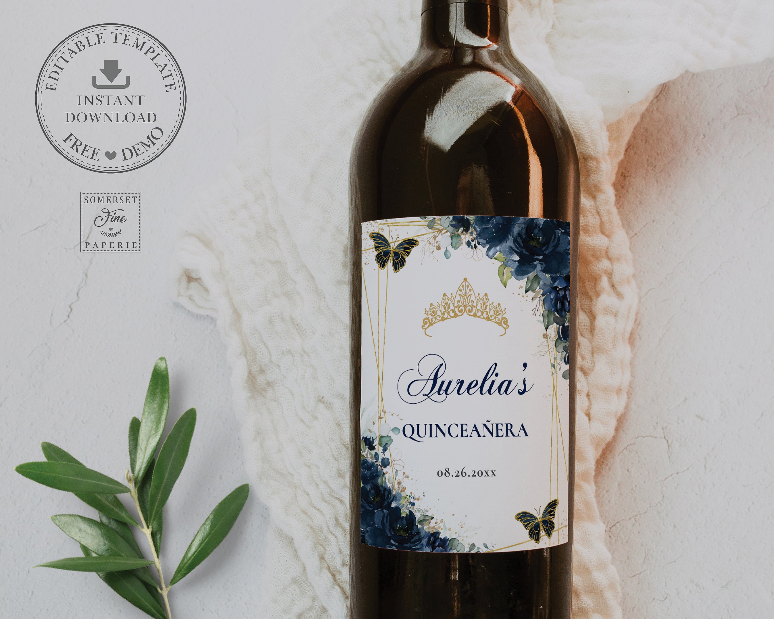 EDITABLE TEMPLATE Wine Bottle Labels Navy Blue Floral Flower - Etsy ...