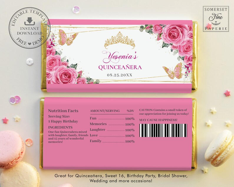 EDITABLE Vibrant Pink Floral Roses Butterflies Chocolate Bar Wrappers ...