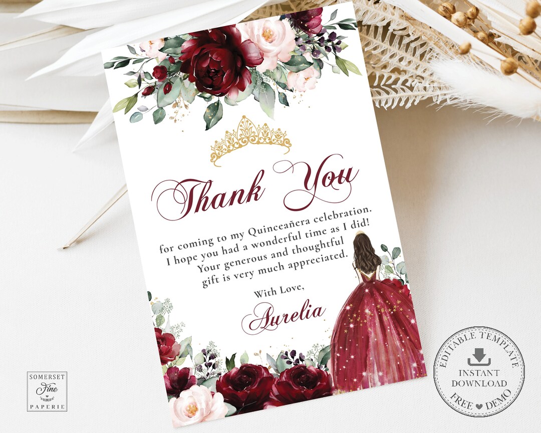 Burgundy Blush Floral Gold Crown Princess Quinceañera Thank You Card ...