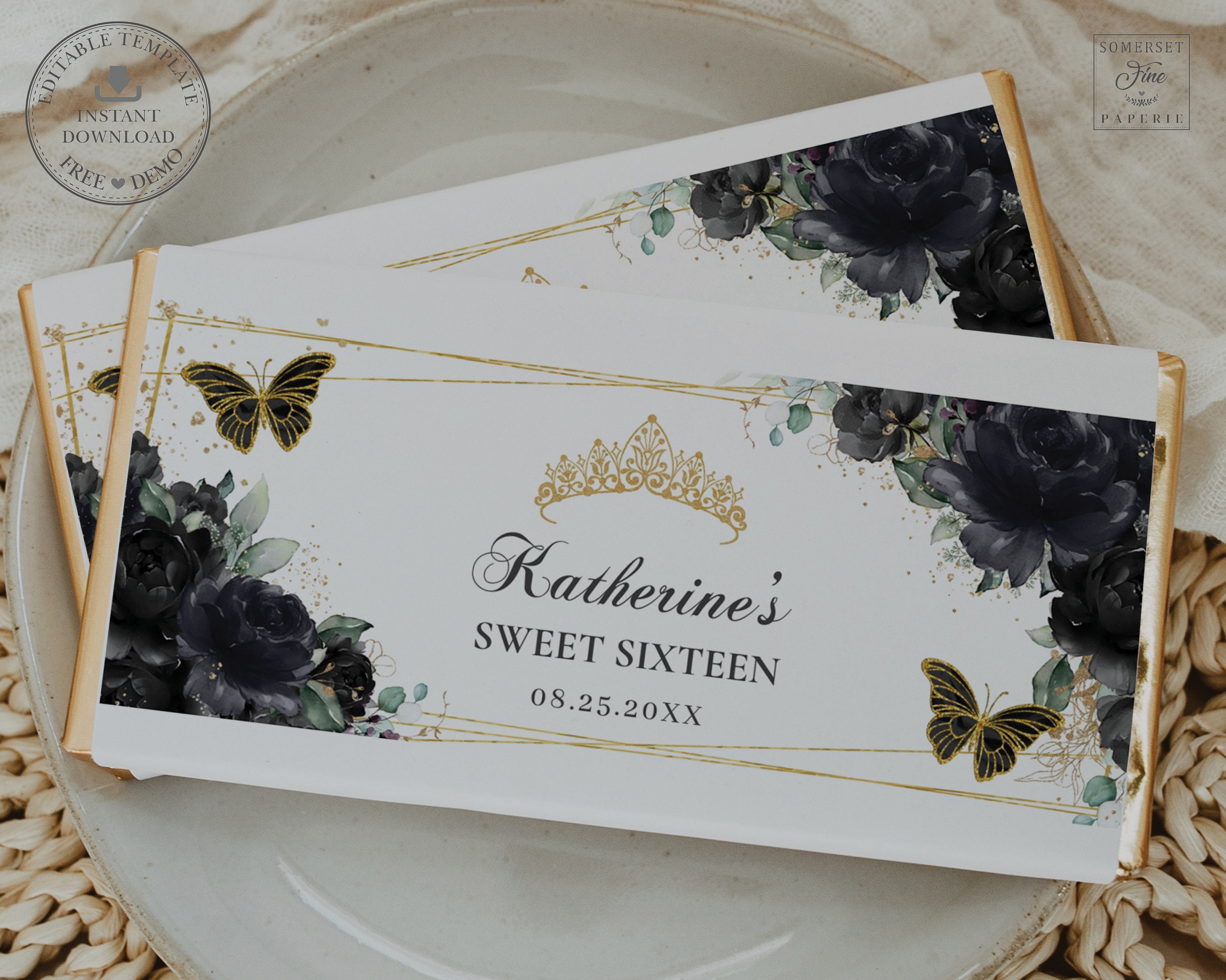 Black Floral Gold Butterflies Chocolate Bar Wrapper, EDITABLE TEMPLATE ...