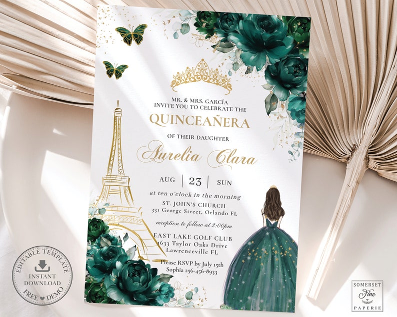 Emerald Green Floral Eiffel Tower Paris Quinceañera Invitation INSTANT ...
